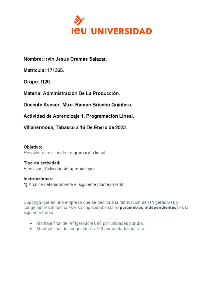 Act 1. Programacion Lineal | PDF