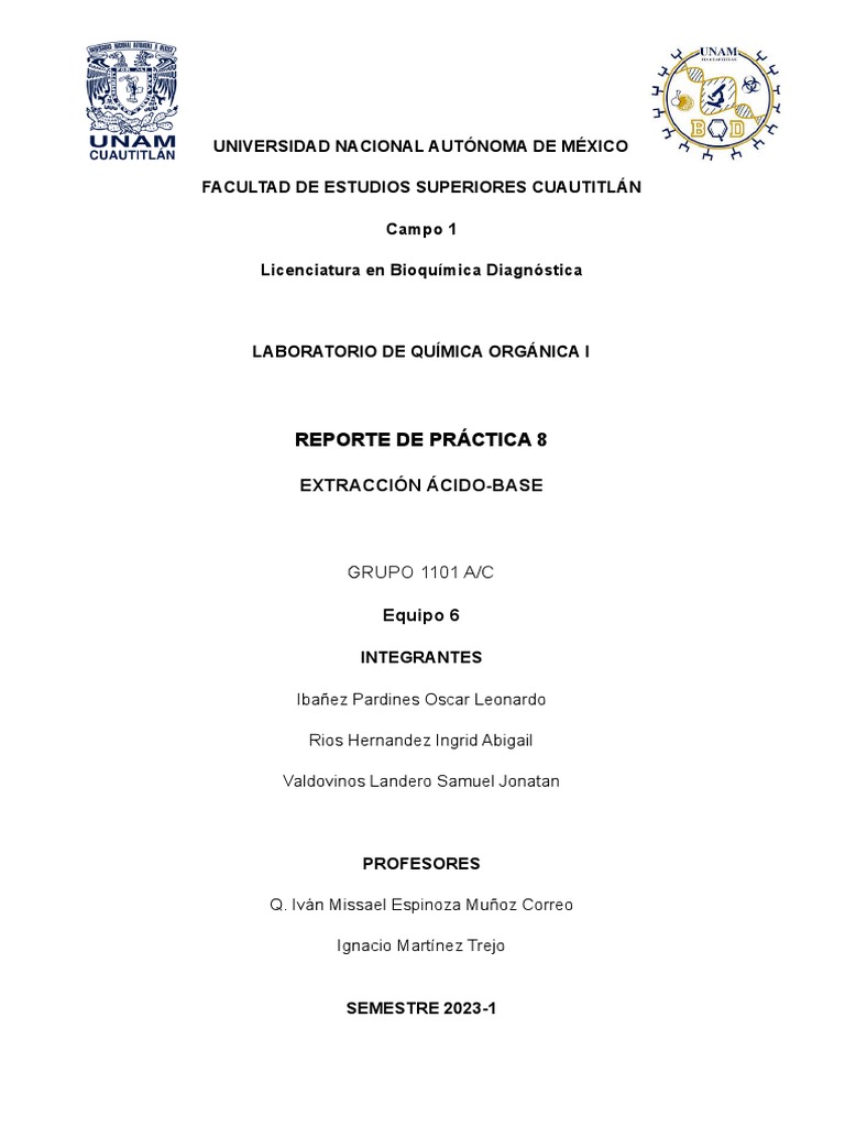 Reporte P8. Extracción Ácido-Base - Equipo 6 - 1101 - BQD - Lab. QO I | PDF | Ácido | Constante ...