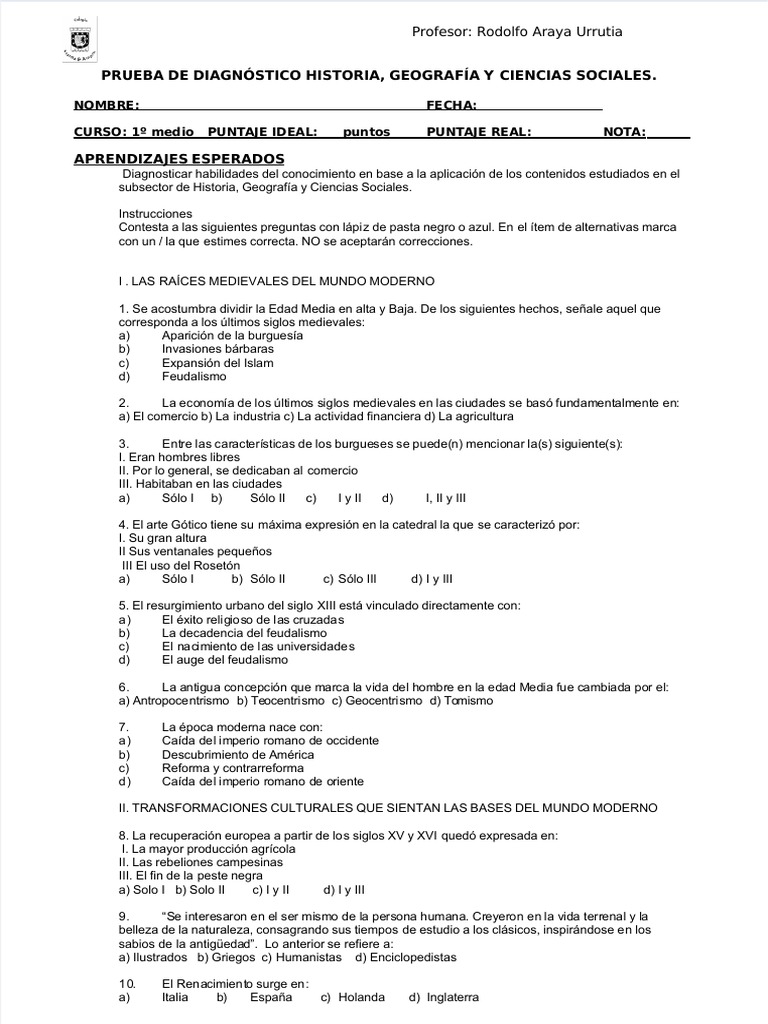 Prueba diagnóstica de Historia y Ciencias Sociales | PDF | Europa