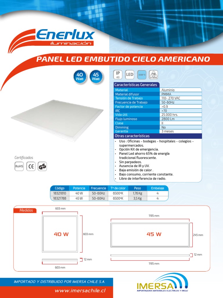 FICHA-TECNICA-PANEL-LED-40w EMBUTIDO-CIELO-AMERICANO-ENERLUX-1 | PDF ...