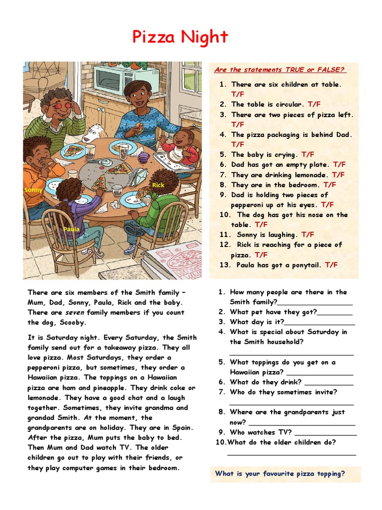 Pizza Night Reading Comprehension Exercises - 145112 | PDF