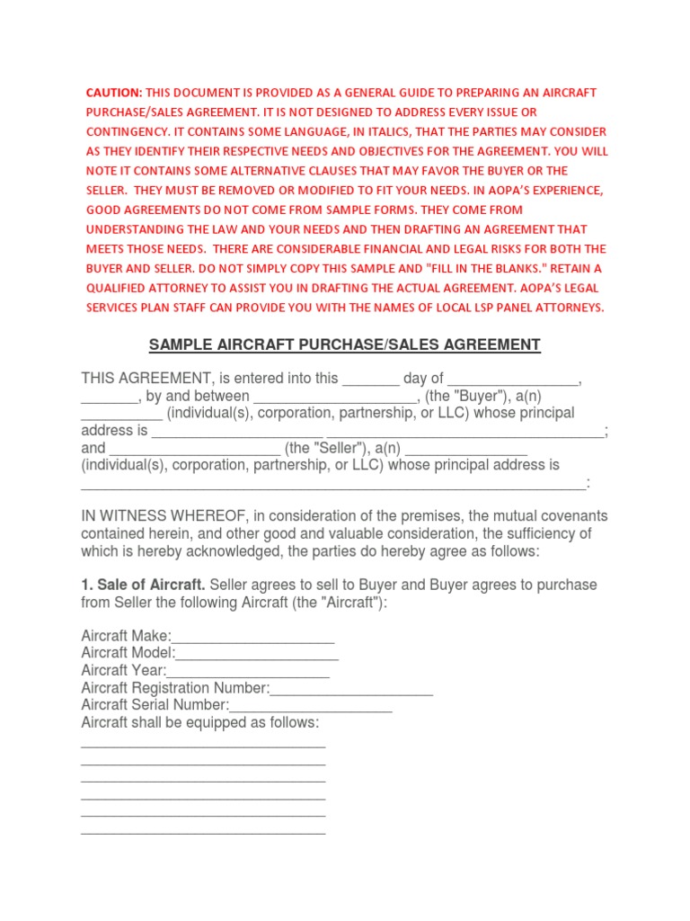 AOPA Legal Services Plan Sample Aircraft PurchaseSales Agreement2018 01 ...