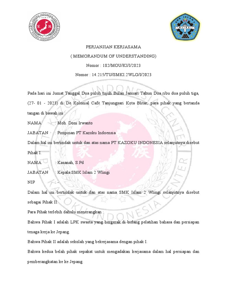 Draft MOU SMK & Jepang | PDF