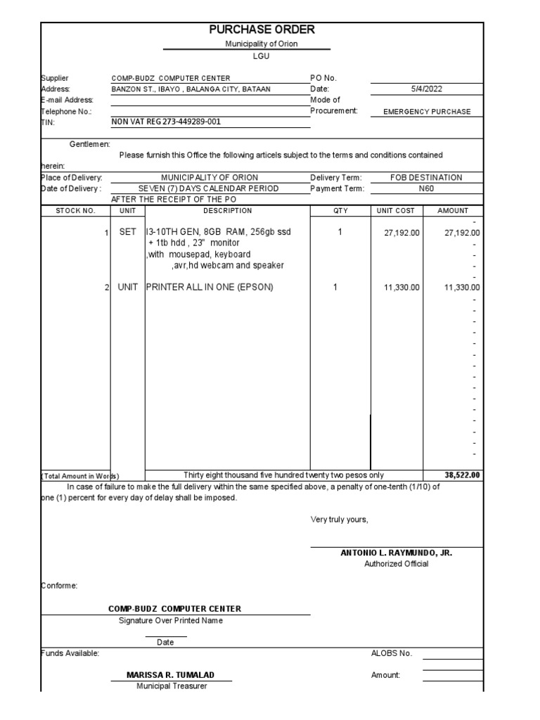 Purchase Order: NON VAT REG 273-449289-001 | PDF | Business