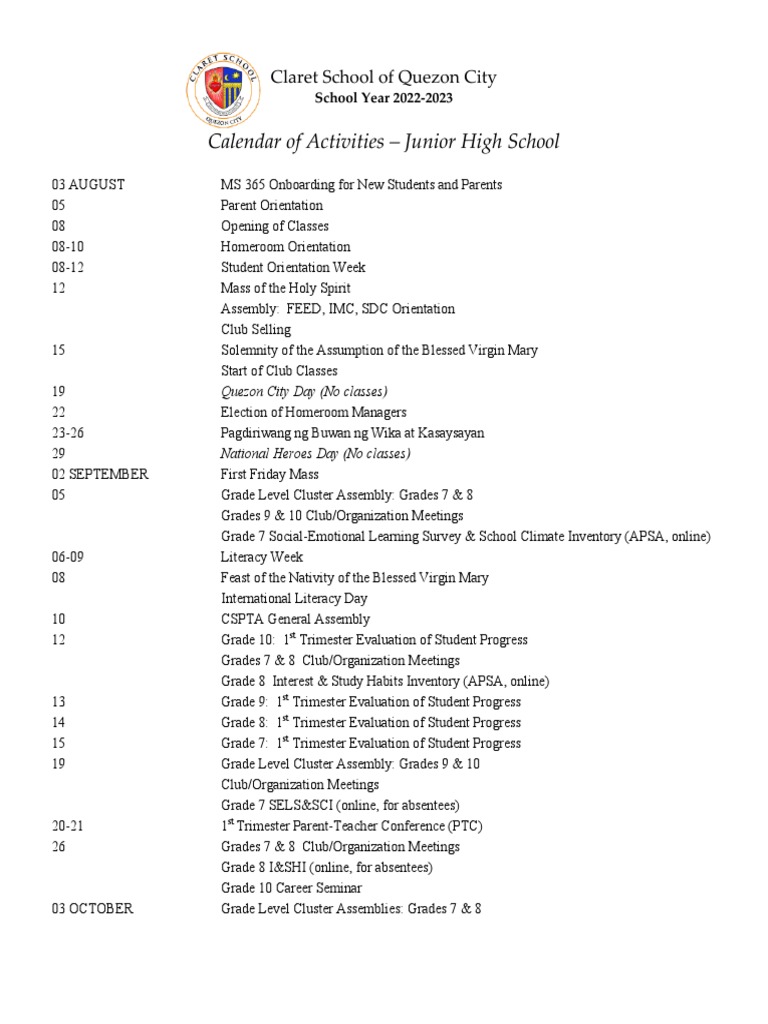 Claret JHS Activities Calendar 2022-23 | PDF | Catholic Church ...