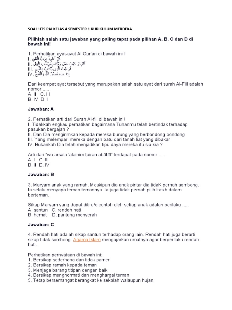 Soal Uts Pai Kelas 4 Semester 1 Kurikulum Merdeka | PDF