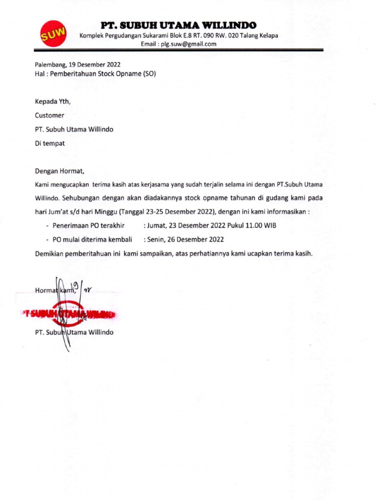 Surat Pemberitahuan Stock Opname | PDF