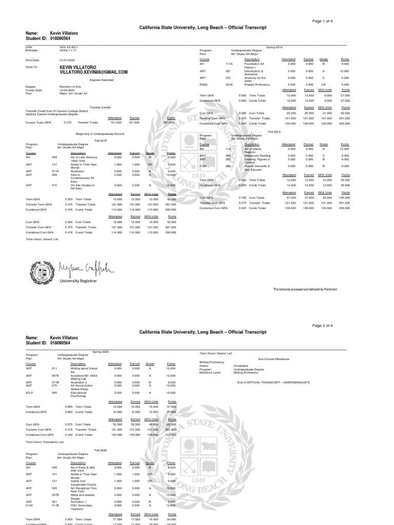 Kevin Villatoro Official Transcript | PDF | Course Credit | Educational Stages