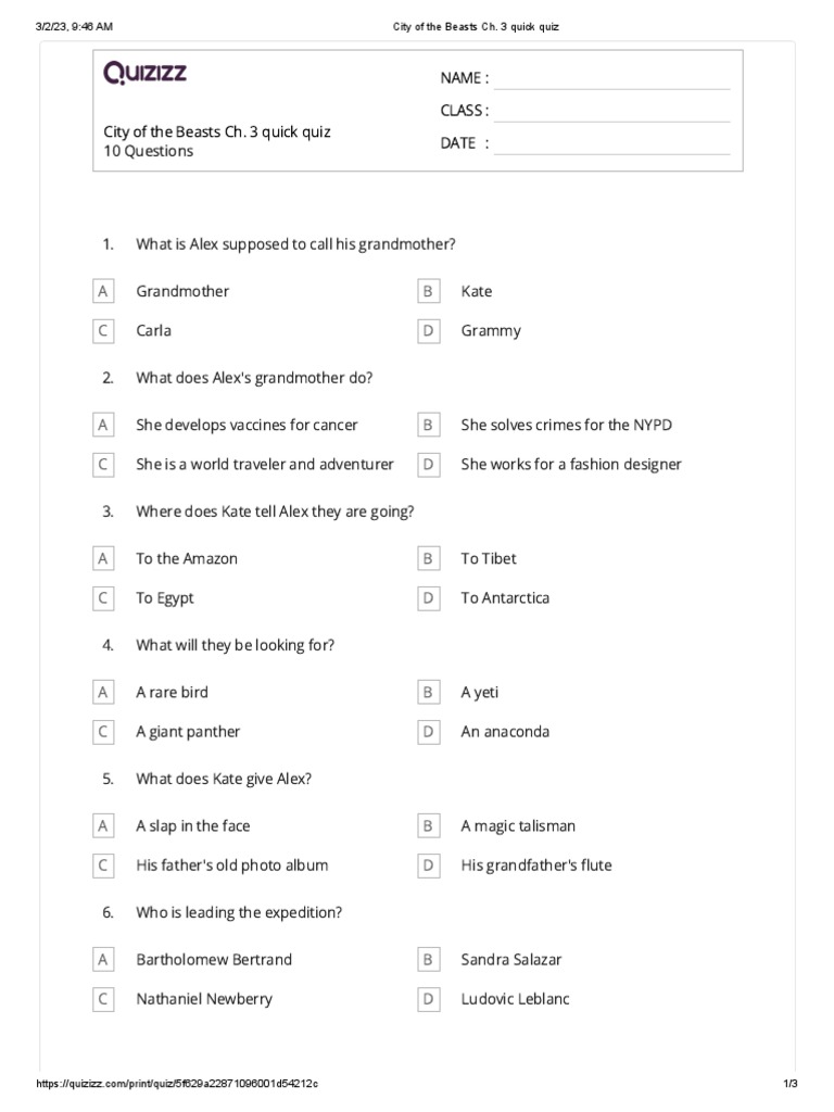 City of The Beasts Ch. 3 Quick Quiz | PDF