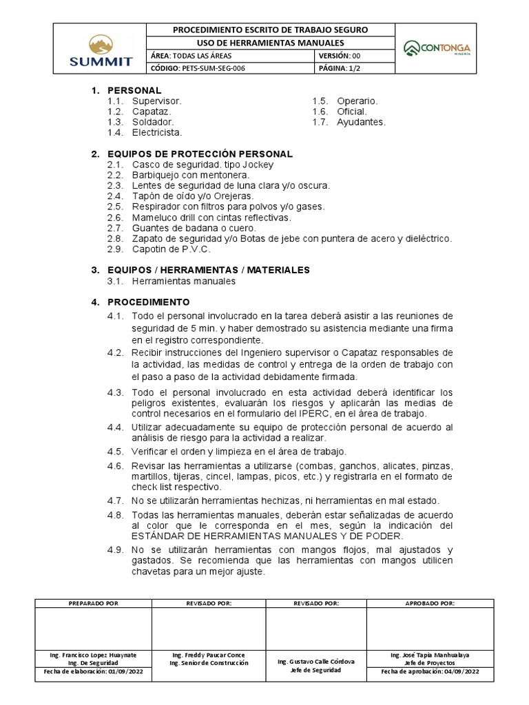 PETS-SUM-SEG-006 Uso de Herramientas Manuales Ok | PDF | Equipo ...