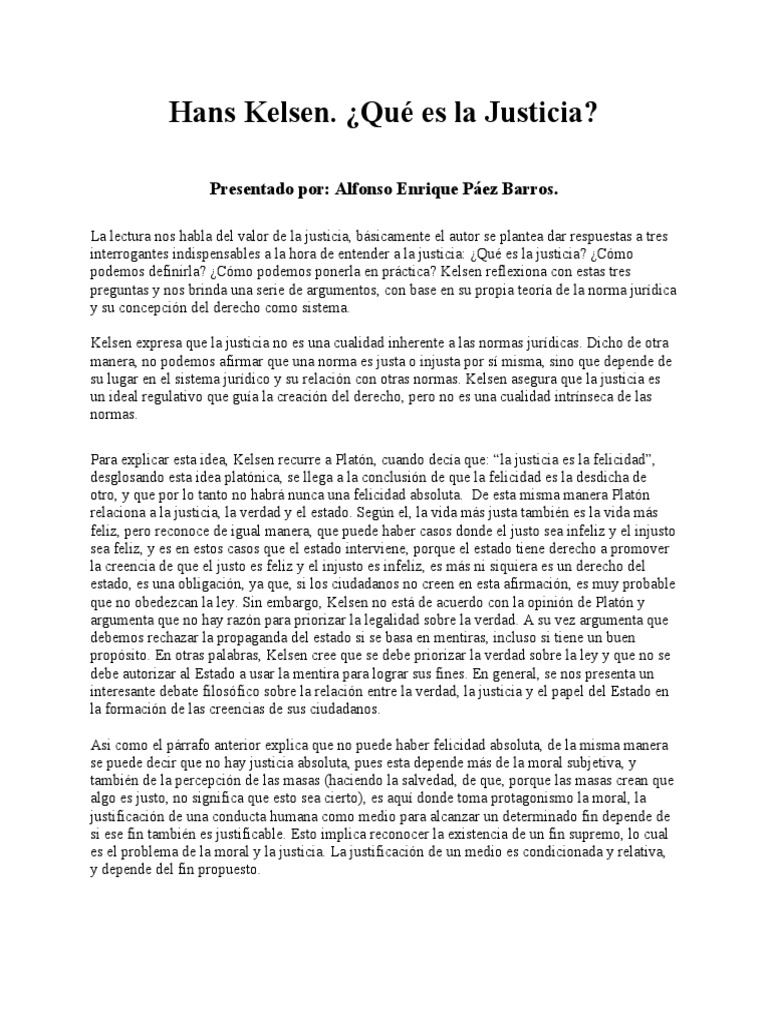 Hans Kelsen y La Justicia Por Alfonso Paez | PDF | Justicia | Crimen y ...