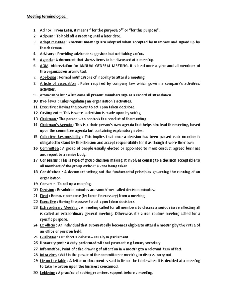 Meeting Terminology Guide: 55 Key Terms Defined | PDF | Committee ...