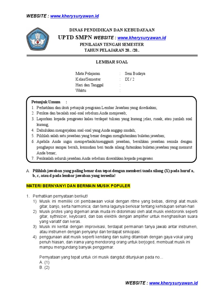 Soal PTS Seni Budaya Kelas Ix K13 - PTS Genap | PDF