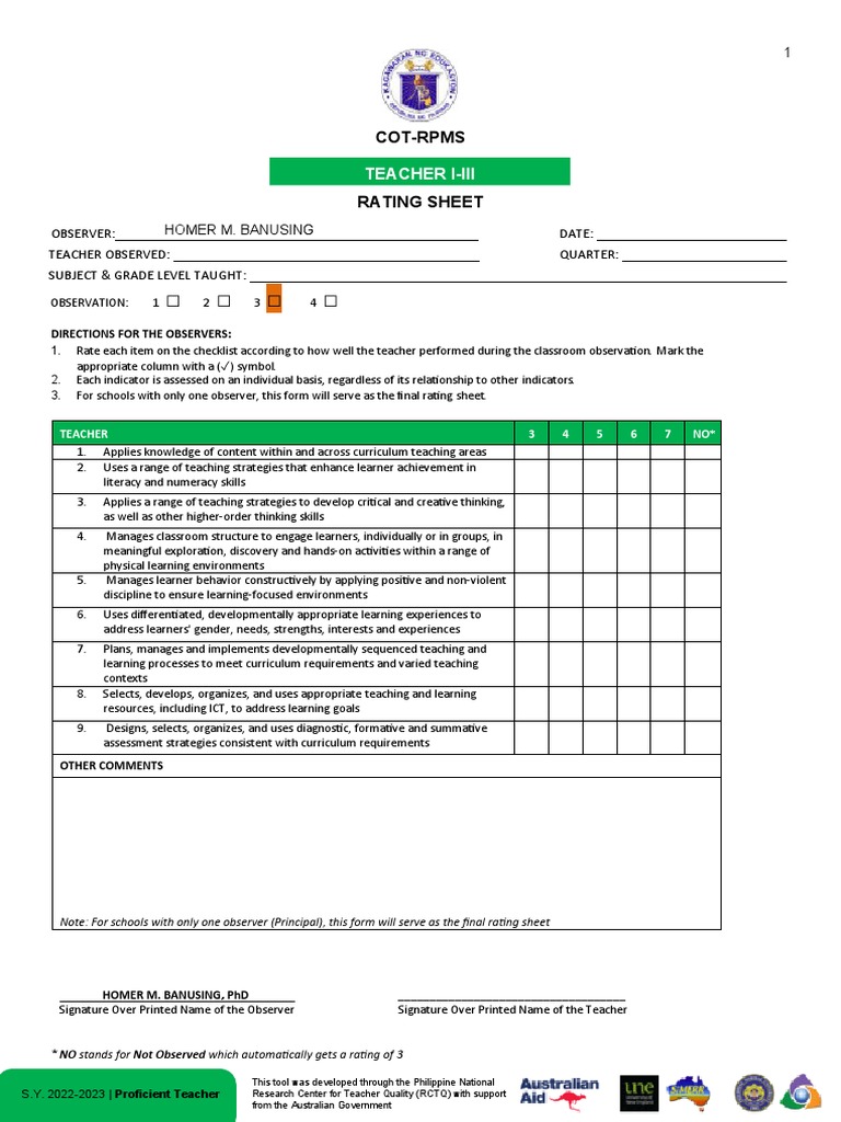 COT Rating Sheet-2023 | PDF | Teachers | Learning