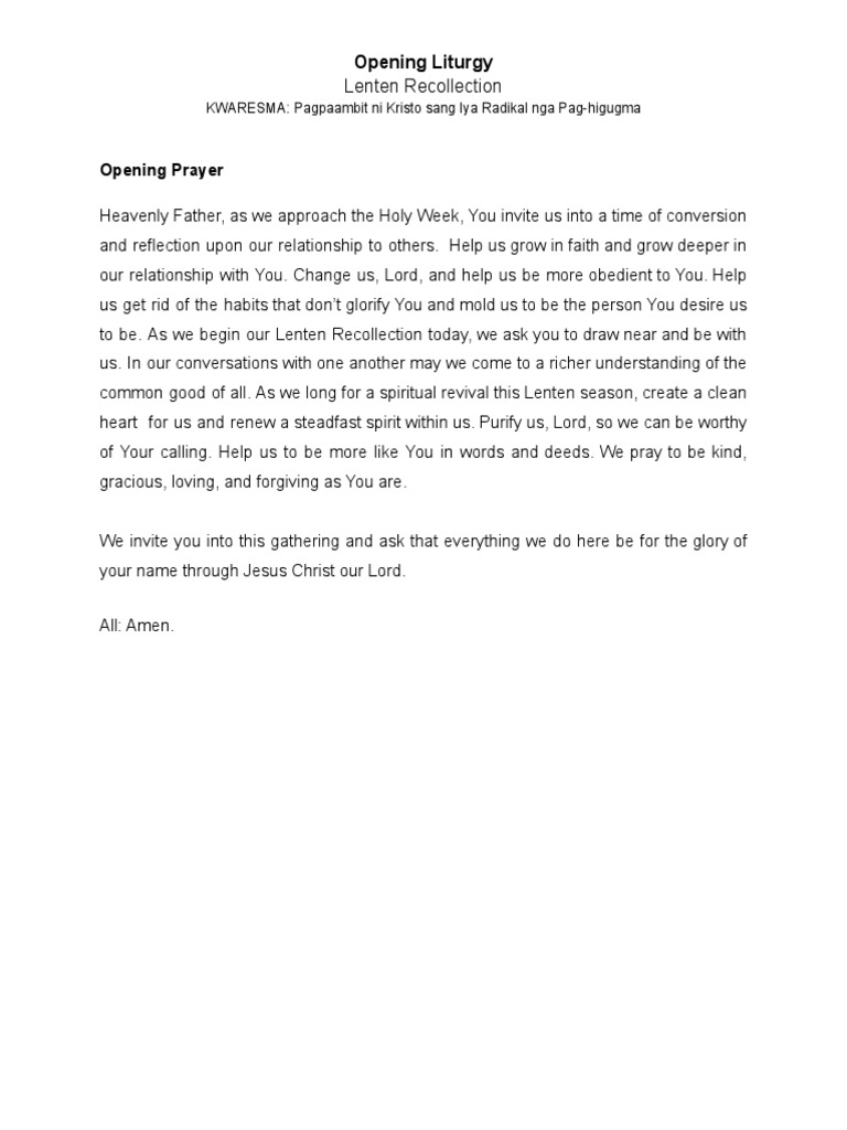 Opening Liturgy (Lenten Recollection) | PDF | Jesus | Lent