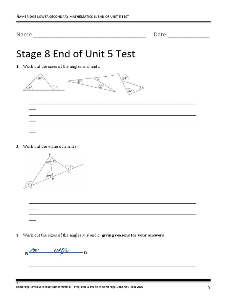 TT - Stage 8 End of Unit 5 Test - 22.11.22 | PDF | Triangle Geometry ...