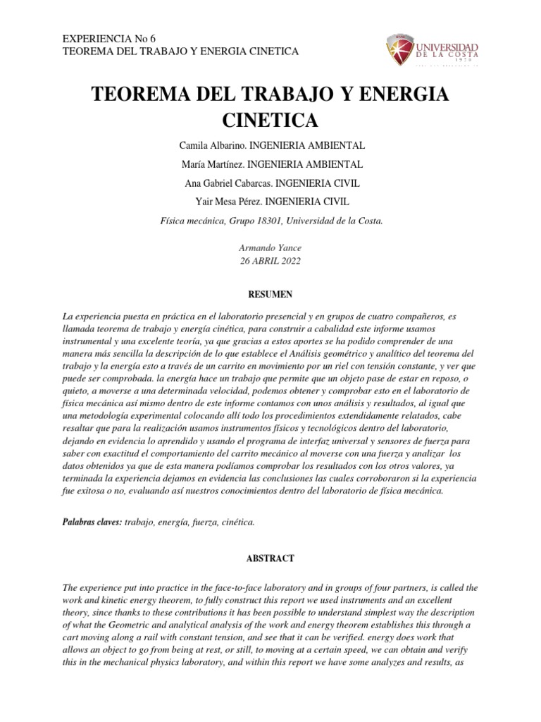 Informe de Laboratorio N°6 Energia Cinetica | PDF | Fuerza | Energía cinética