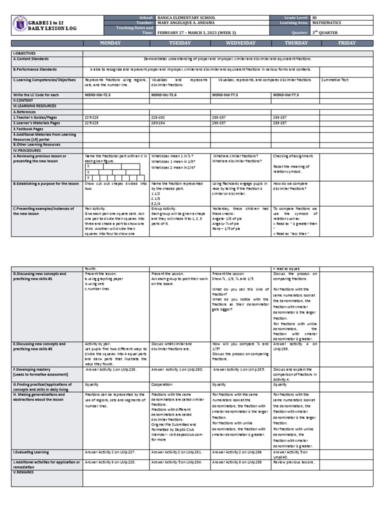 DLL - Mathematics 3 - Q3 - W3 | PDF | Learning | Cognition