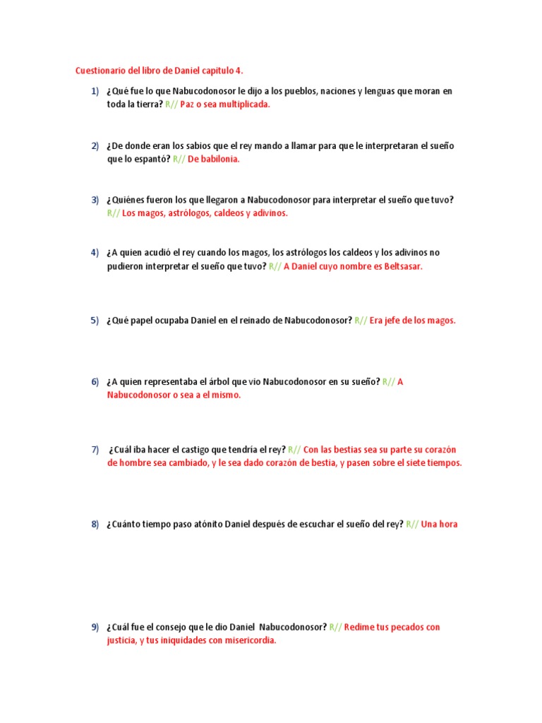 Cuestionario Del Libro de Daniel Capitulo 4 | PDF