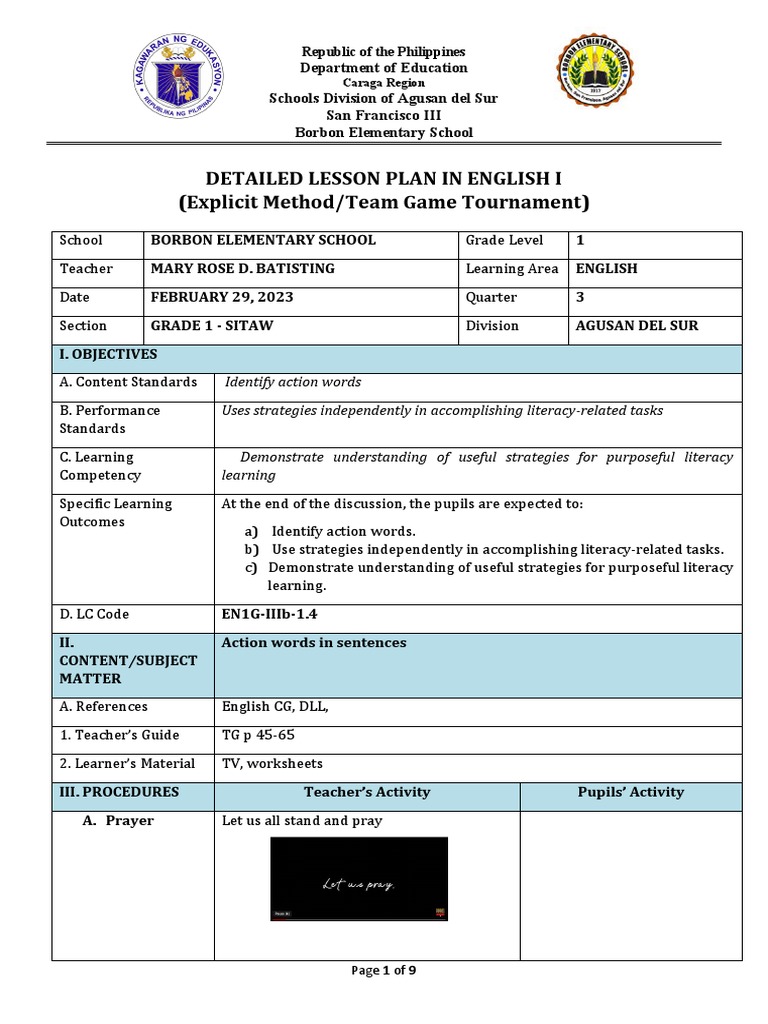 Detailed Lesson Plan in English 1 (Q3 W3) | PDF | Lesson Plan | Teachers Detailed Lesson Plan in English 1 (Q3 W3) | PDF | Lesson Plan | Teachers