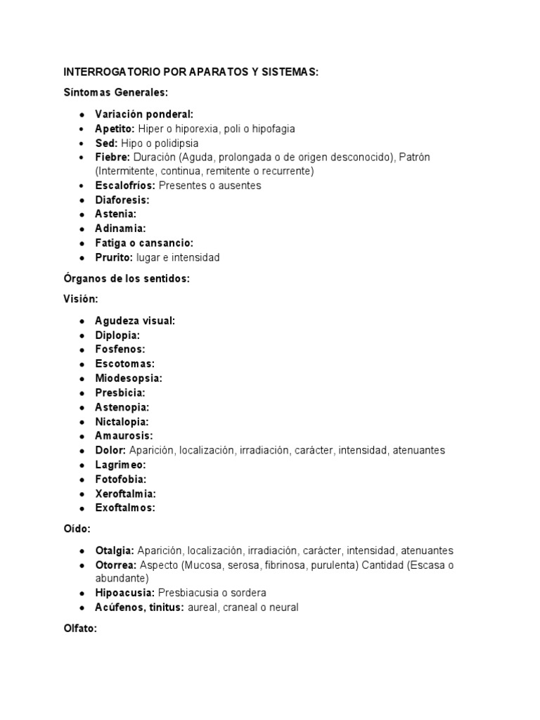Interrogatorio Por Aparatos y Sistemas | PDF | Acidez | Especialidades ...