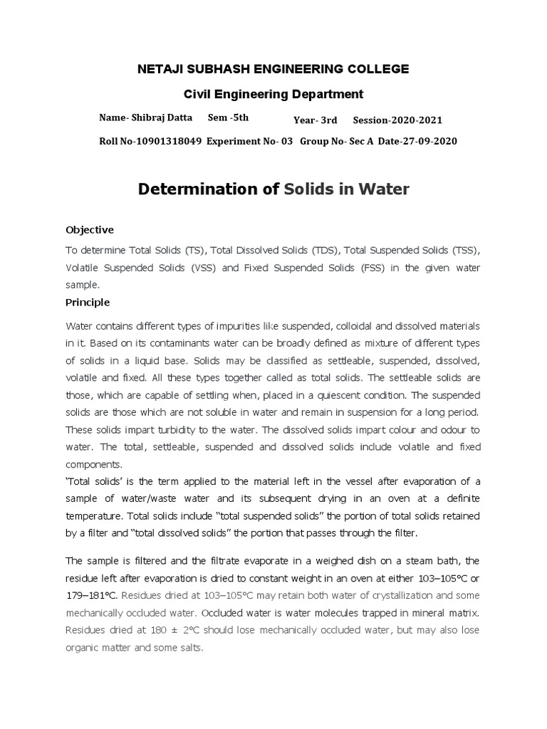 Determination of Solids in Water | PDF | Water | Environmental Issues ...