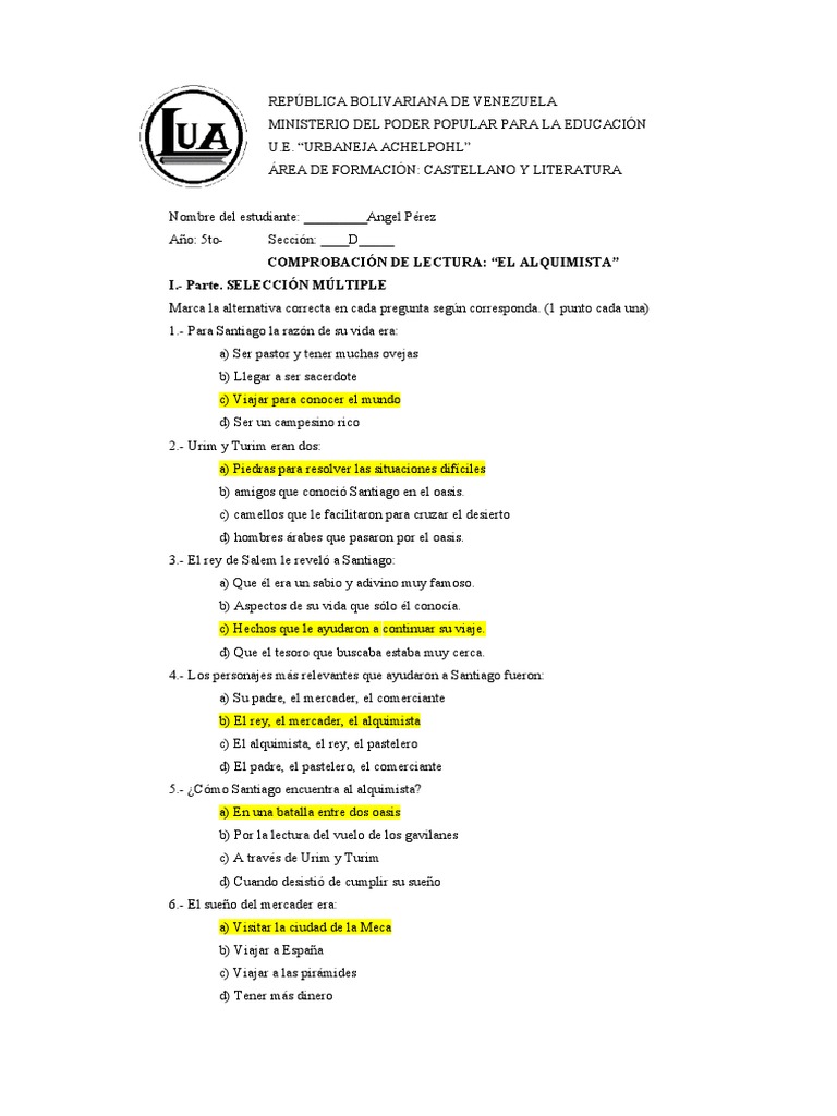 Comprobación de Lectura El Alquimista Ya Resuelta | PDF