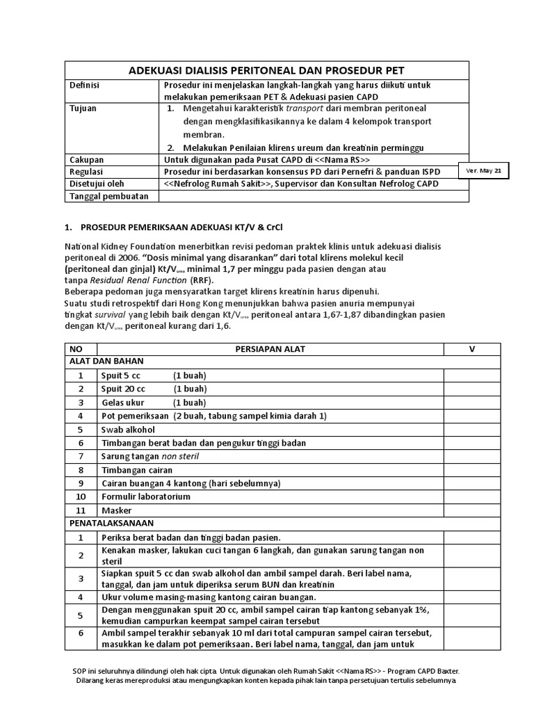 SOP 09 Adekuasi Dialisis Peritoneal Dan Prosedur PET (5.21) | PDF