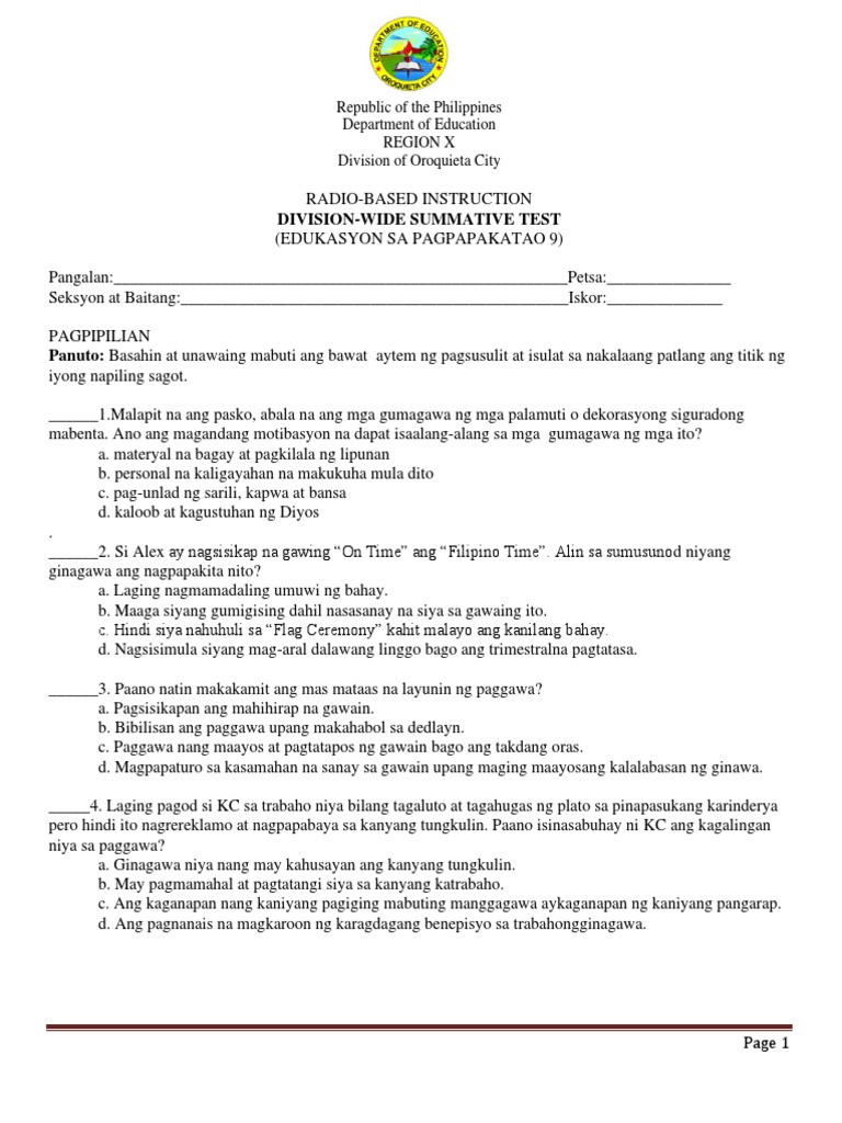 EsP 9 Summative 4th | PDF