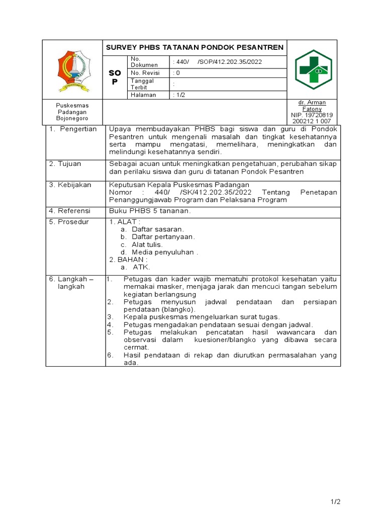 Sop Survey PHBS Tatanan Pondok Pesantren | PDF