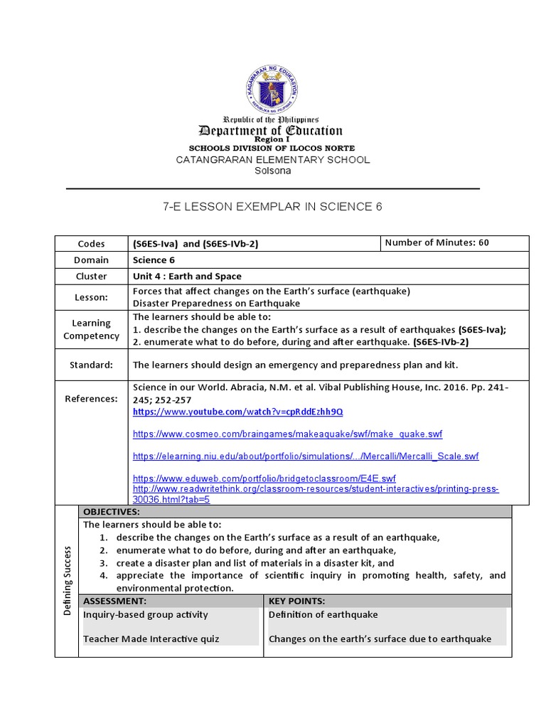 7-E Lesson Exemplar | PDF | Earthquakes