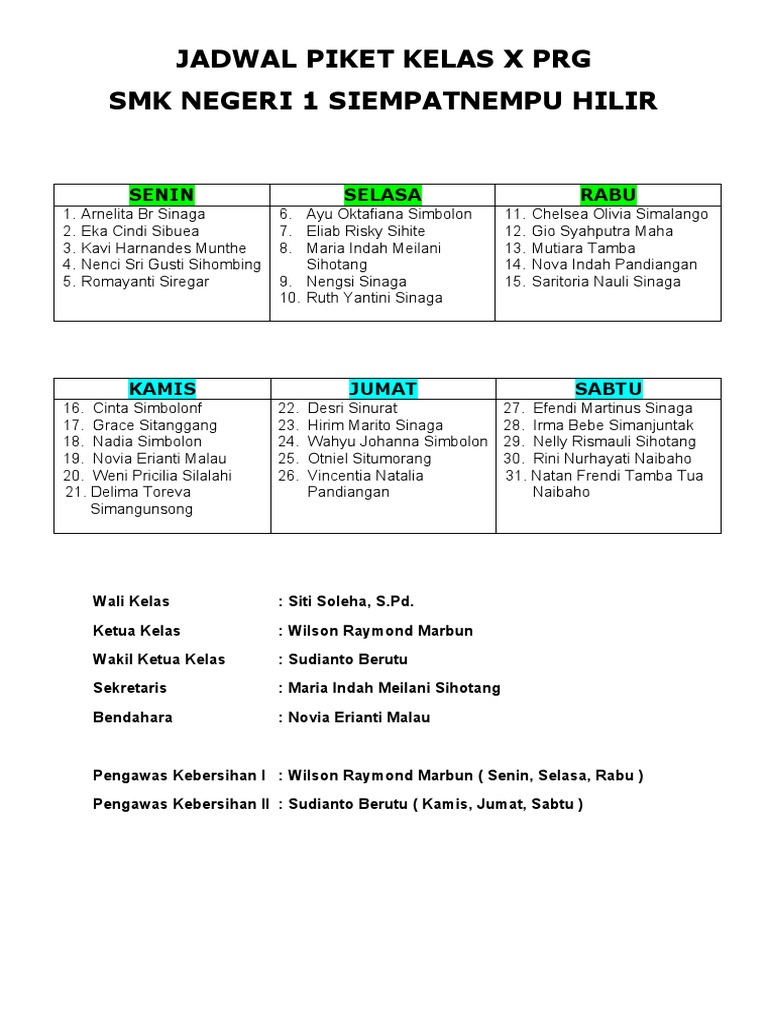 Jadwal Piket Kelas X PRG | PDF