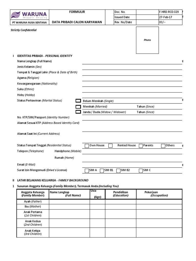 Form Data Pribadi Calon Karyawan | PDF