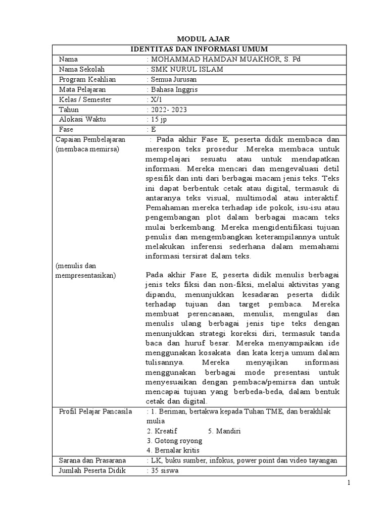 Modul Ajar Procedure Text | PDF | Karier & Perkembangan | Sains & Matematika
