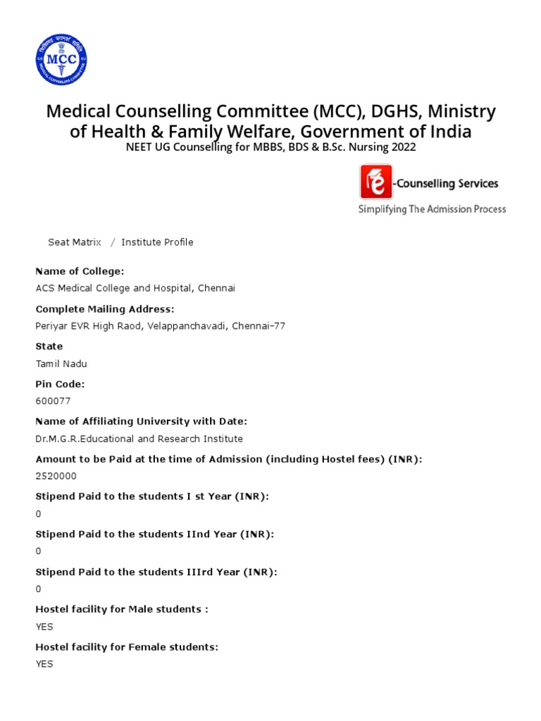 ACS Medical UG 2022-23 Profile Seats DGHS | PDF | Health Care