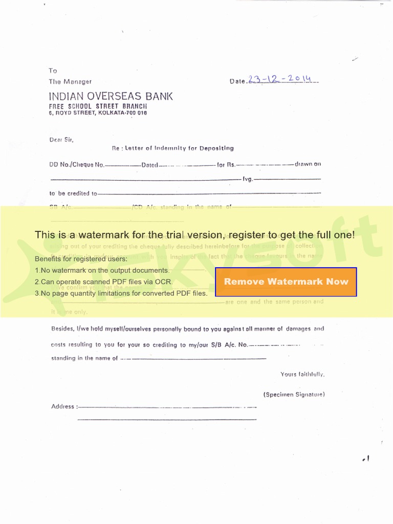 Letter of Indemnity - IOB | PDF