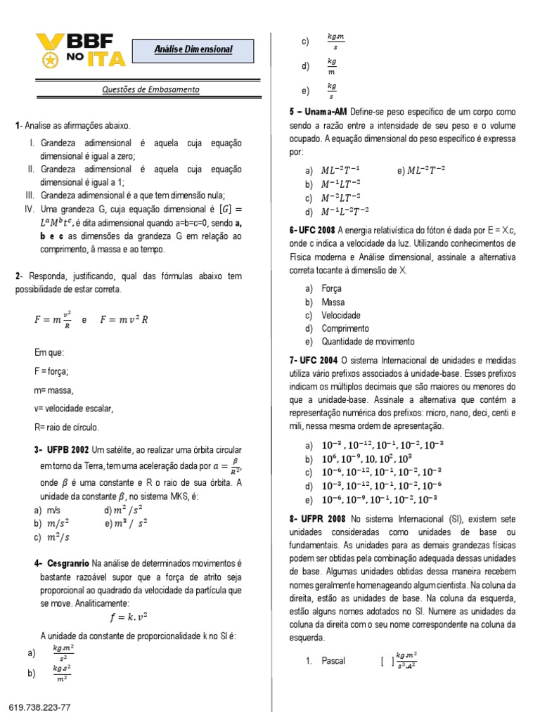 Análise Dimensional e Grandezas Físicas | PDF | Massa | Viscosidade