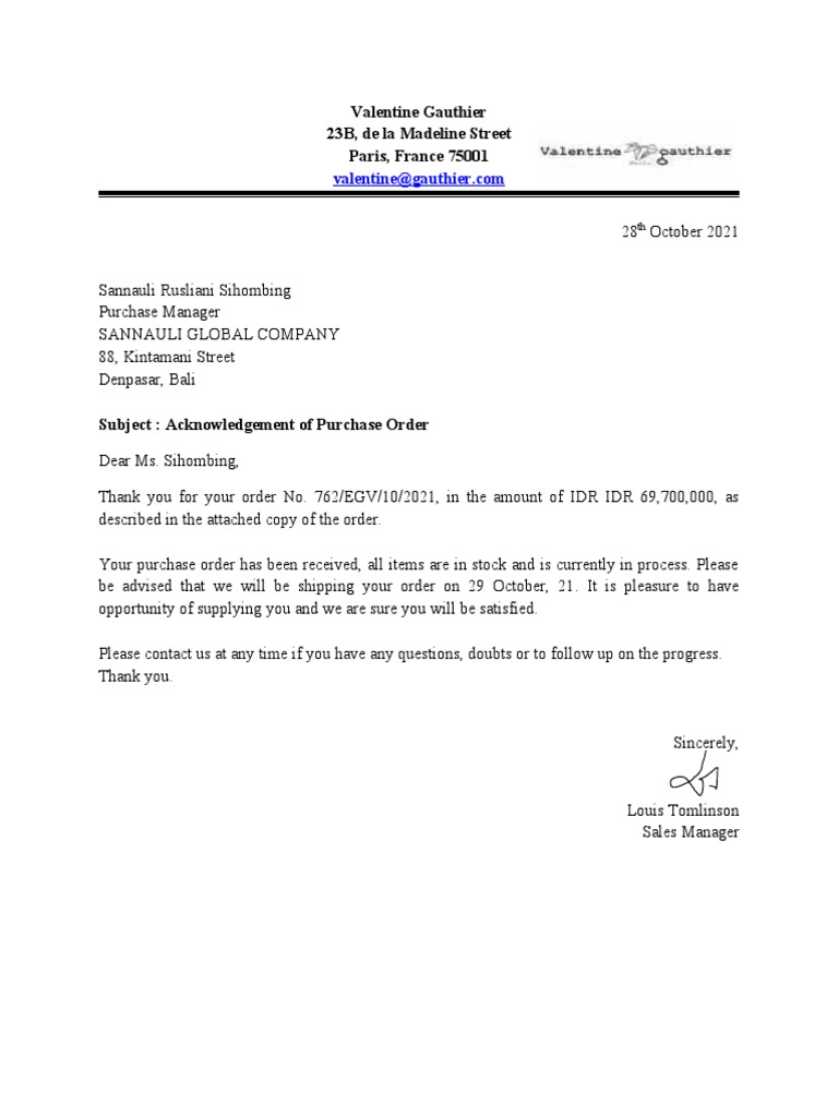 Acknowledgement Order Letter - Sanna | PDF