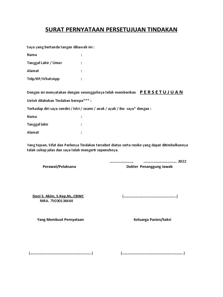 Surat Pernyataan Persetujuan Tindakan | PDF