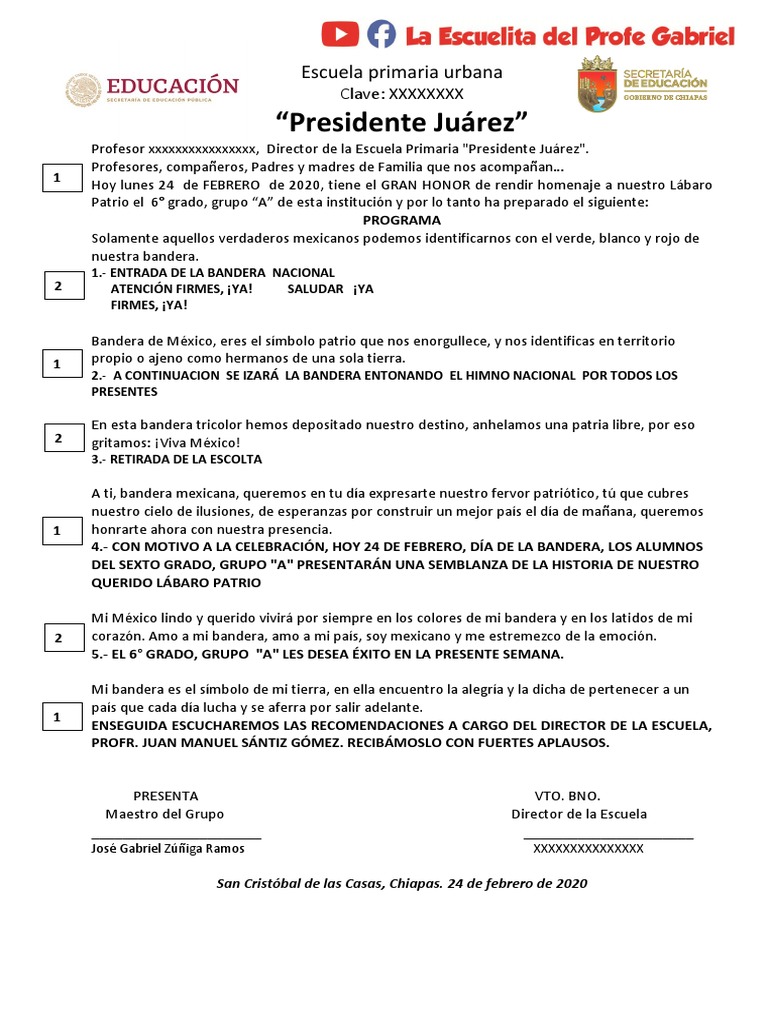 HOMENAJE DÍA DE LA BANDERA 24 de Febrero IZAR Y ARRIAR LA BANDERA ...