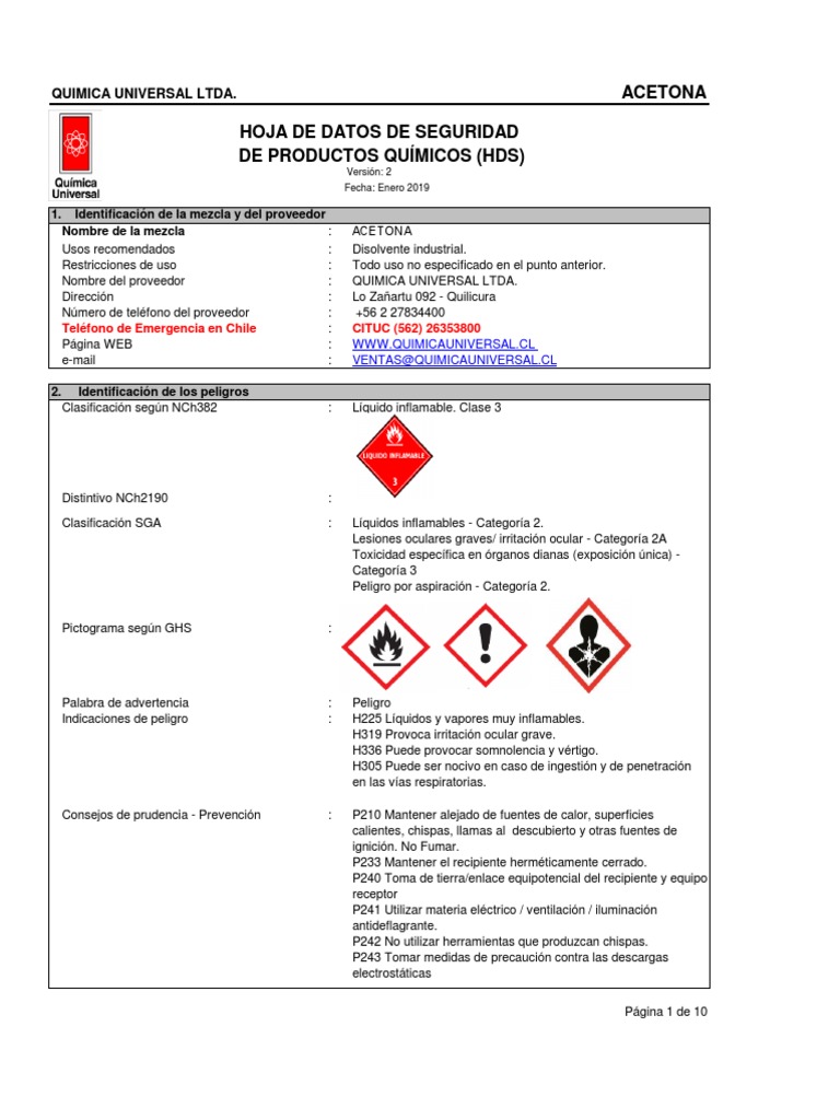 Acetona - Ficha de Seguridad | PDF | Respiración | Química