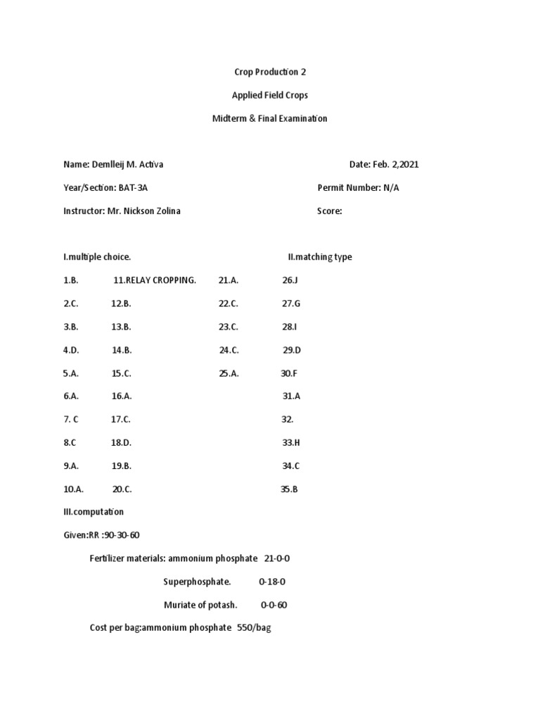 Crop Prod'n 2 Midterm and Final Exam | PDF | Fertilizer | Agriculture