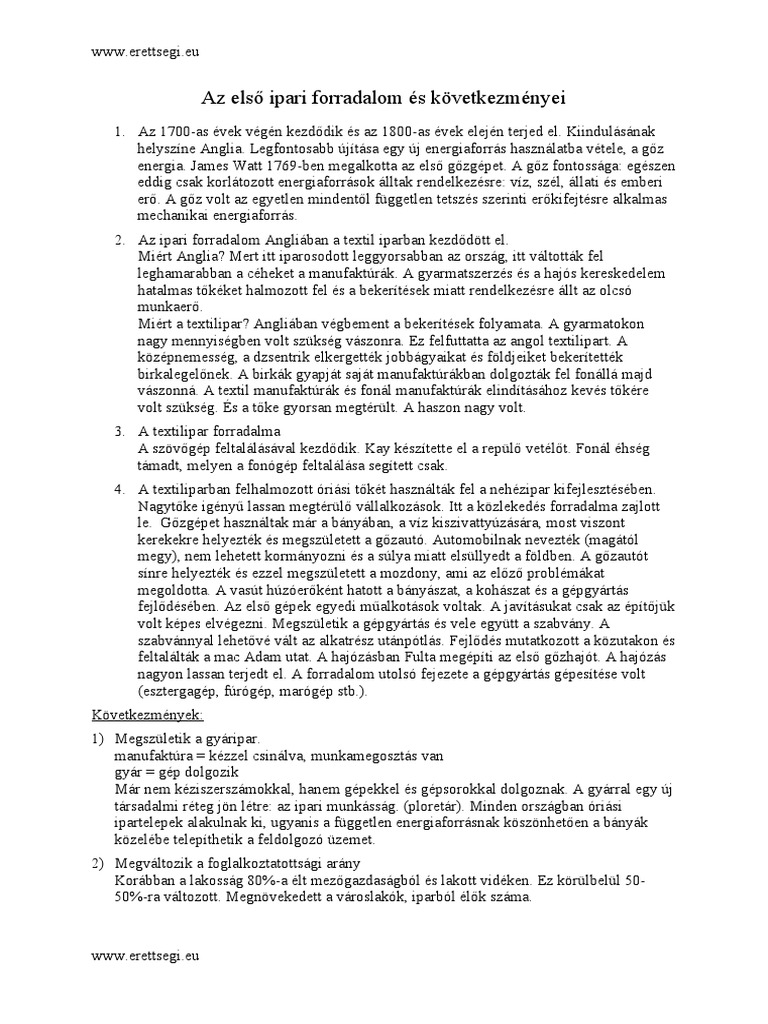 Az Elso Ipari Forradalom Es Kovetkezmenyei | PDF