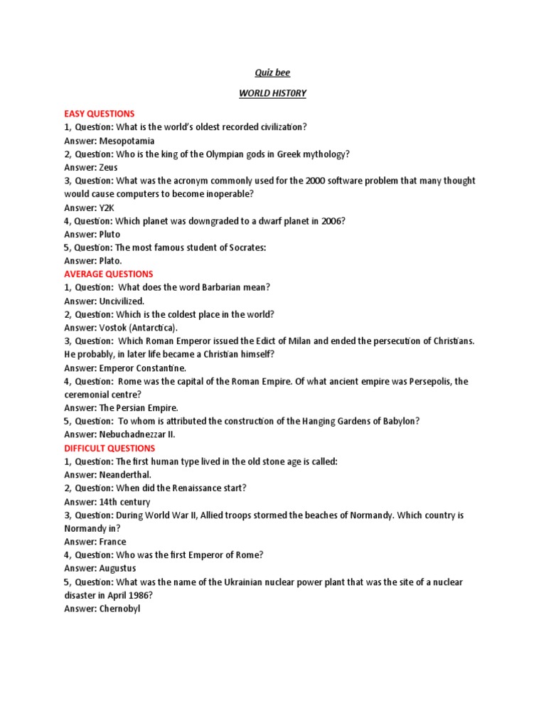 World History Quiz Bee Questions | PDF | History | Young Adult