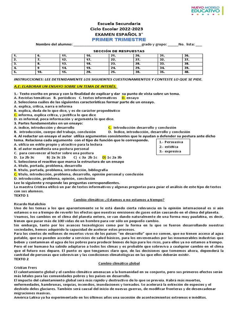 Examen Español 3° Primer Trimestre | PDF | Cambio climático | Ensayos