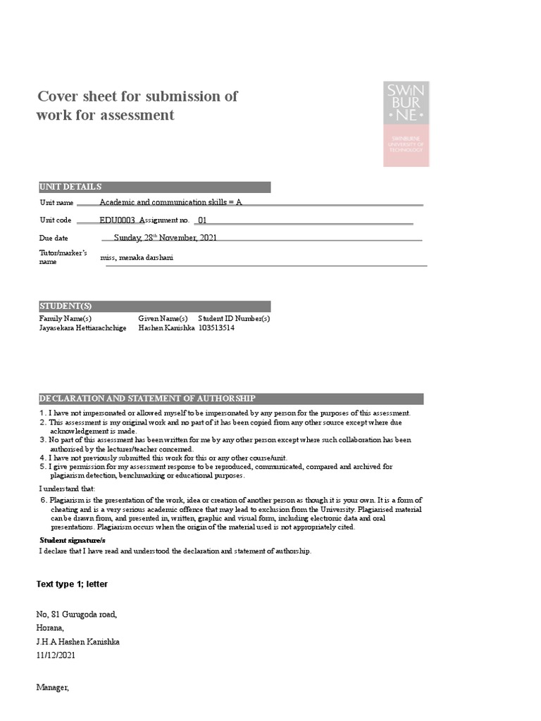 Student Cover Sheet For Submission of Magazine - Individual-2-1 | PDF ...