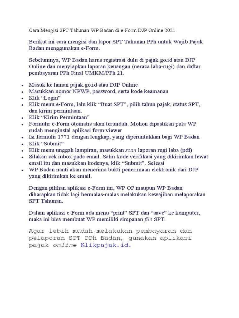 Cara Mengisi SPT Tahunan WP Badan Di e | PDF