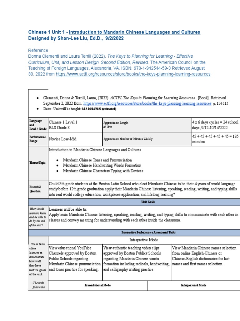Intro to Mandarin Chinese Unit | PDF | Standard Chinese | Chinese Language