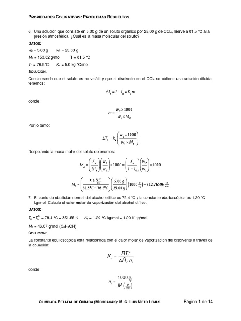 ProblemasResueltos PropiedadesColigativas OEQ | PDF | Metrología | Química
