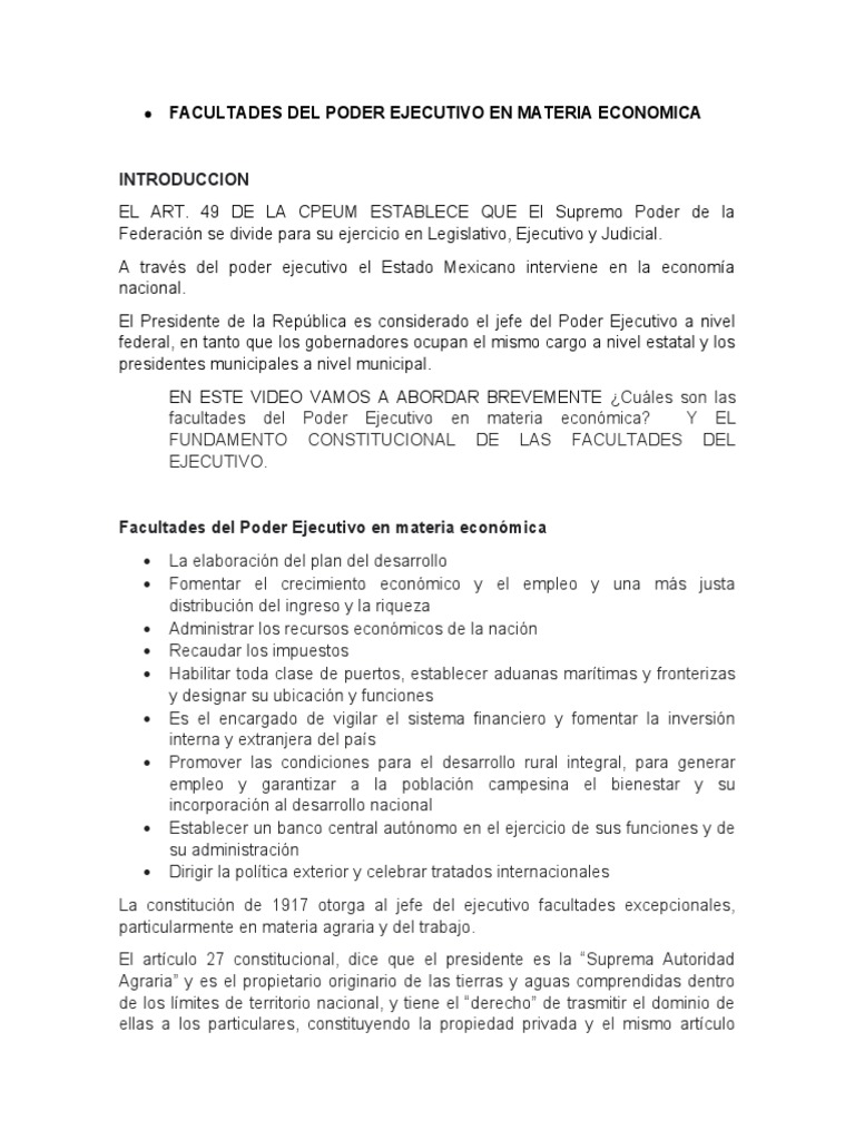 FACULTADES DEL PODER EJECUTIVO EN MATERIA ECONOMICA Video | PDF | Ejecutivo (gobierno ...